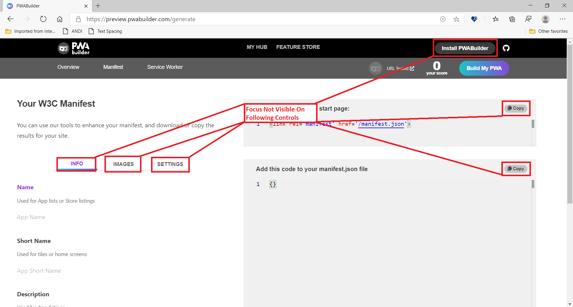 [Keyboard Navigation - PWA Builder - PWA Builder Generate] : Keyboard Focus Indicator is not ...