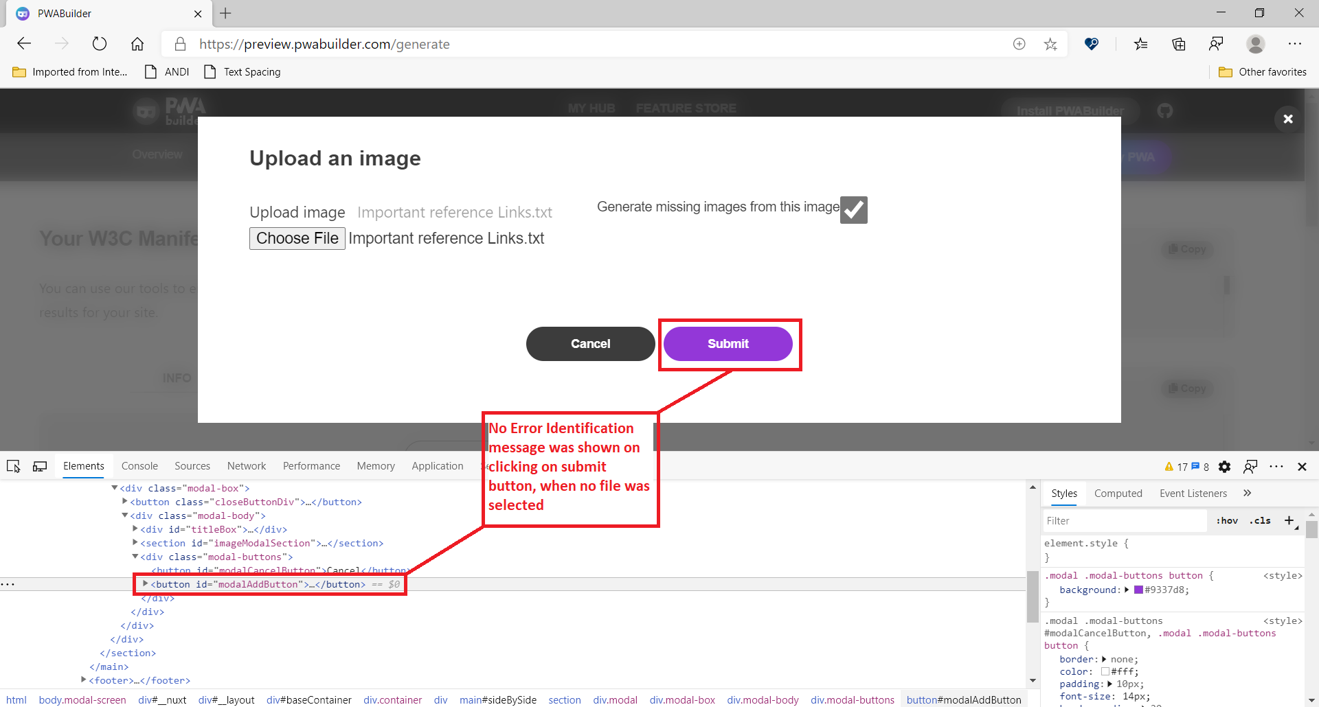 [Forms and validation - PWA Builder - PWA Builder Generate] : No error message displays on the ...
