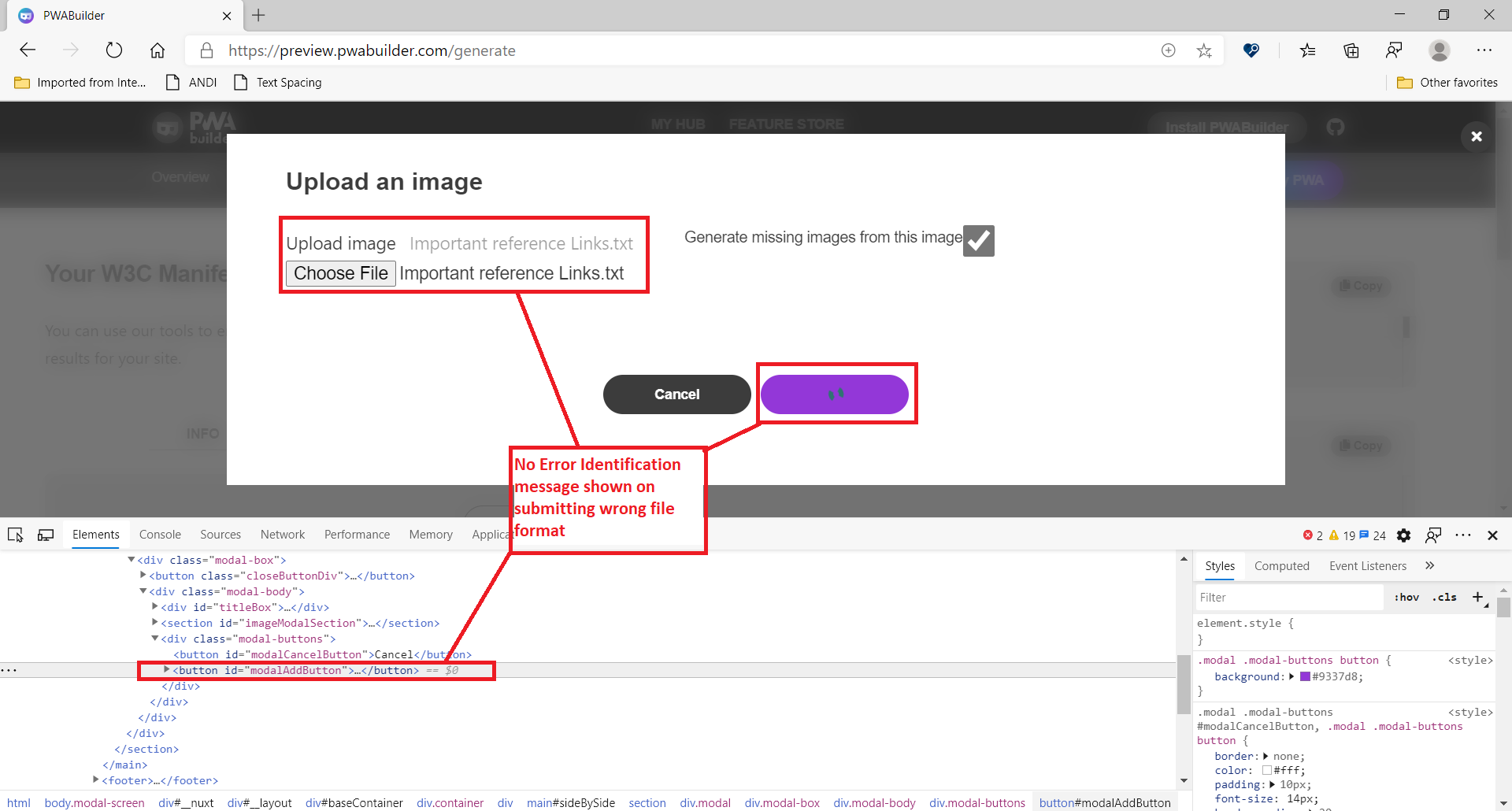 [Forms and validation - PWA Builder - PWA Builder Generate] : No error message displays on the ...