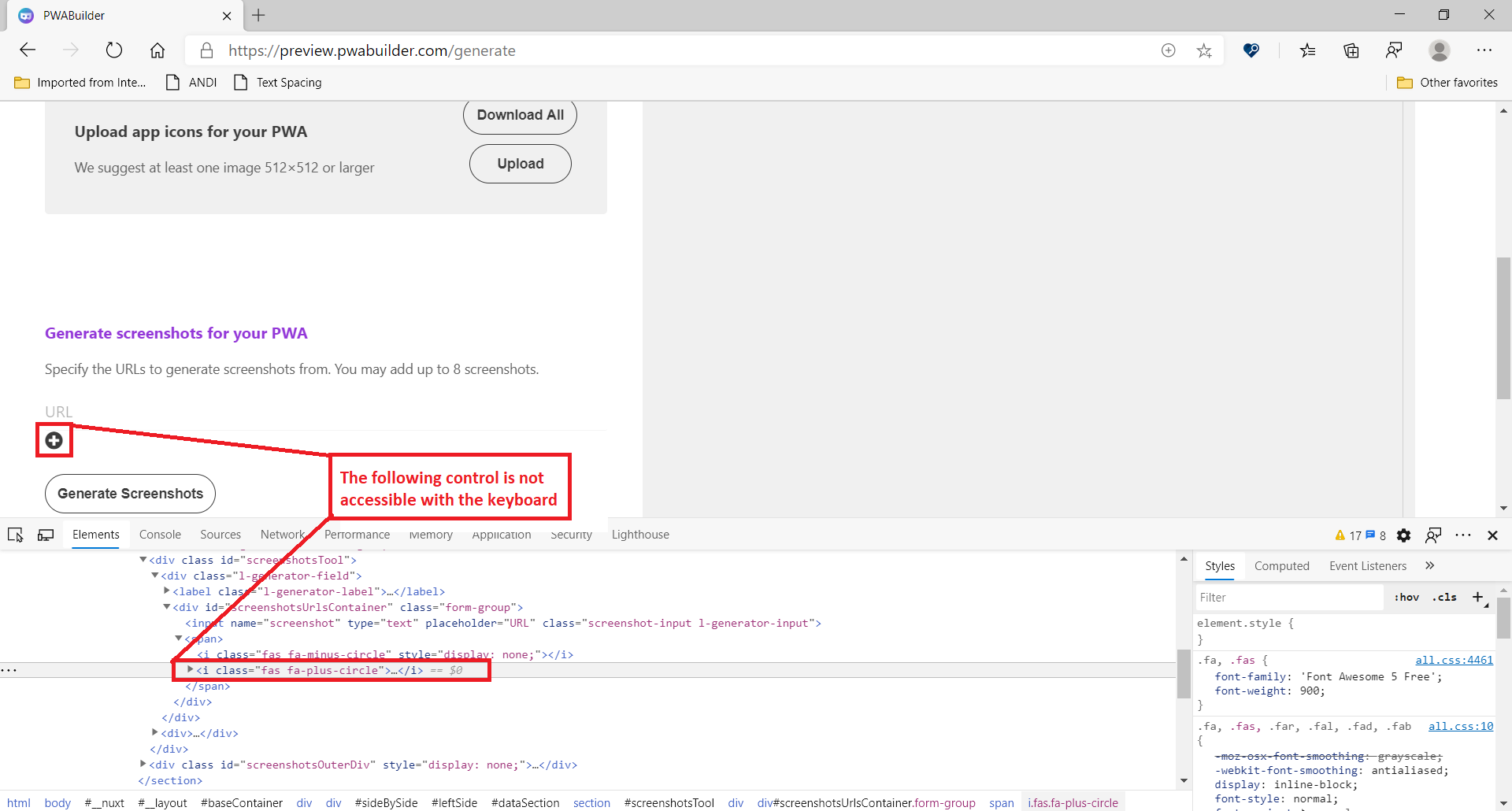 [Keyboard Navigation - PWA Builder - PWA Builder Generate] : Add URL's button is not accessible ...