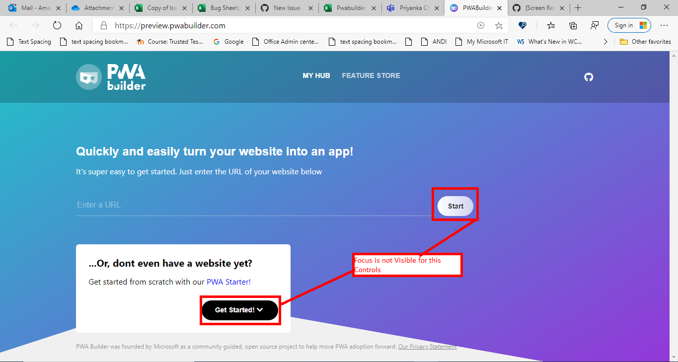 [Keyboard Navigation - PWA Builder- Home page]: Focus is not visible for controls like "Start ...