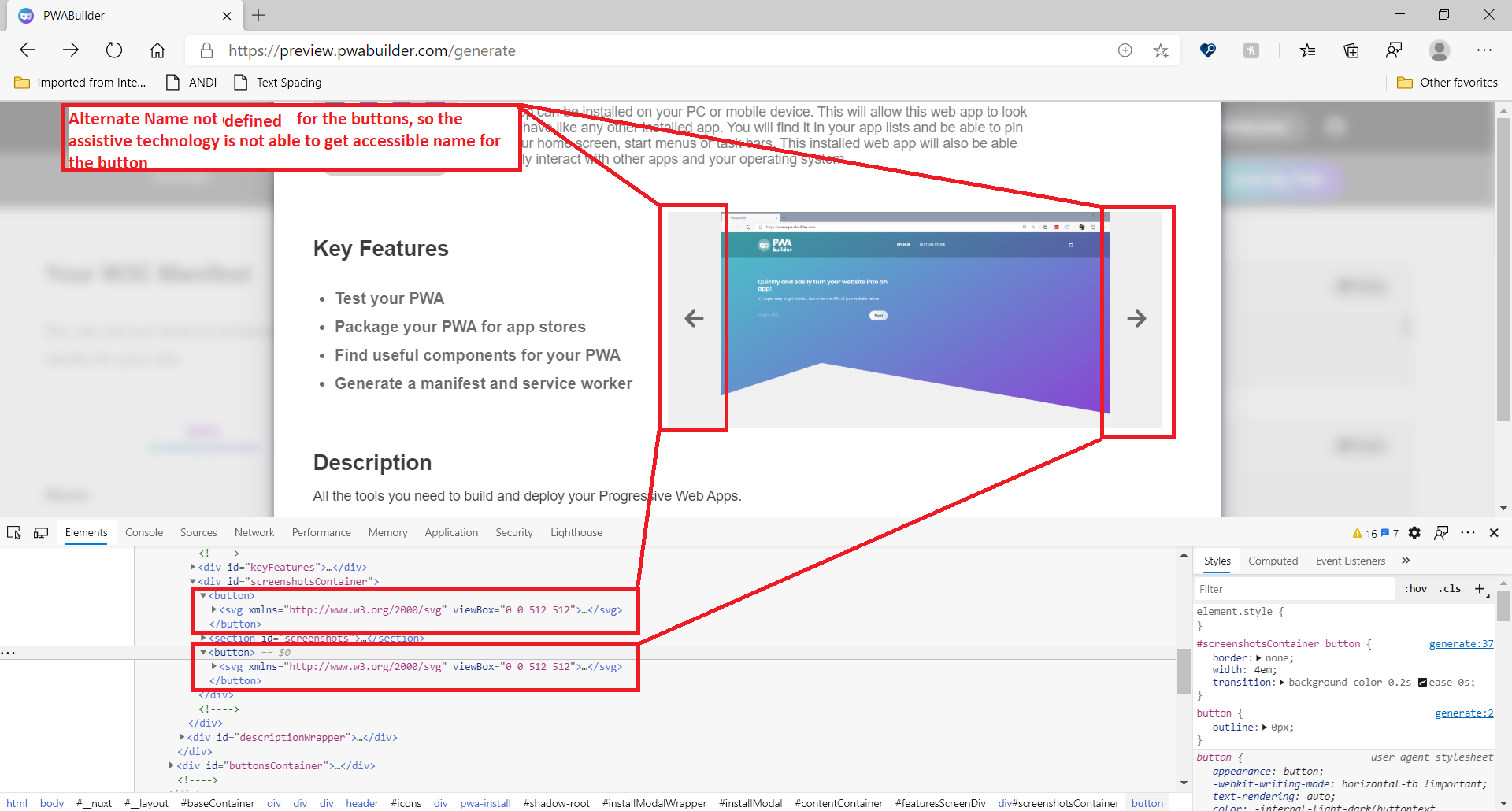 [Screen Readers - PWA Builder - PWA Builder Generate] : Name is not defined for "Next image ...