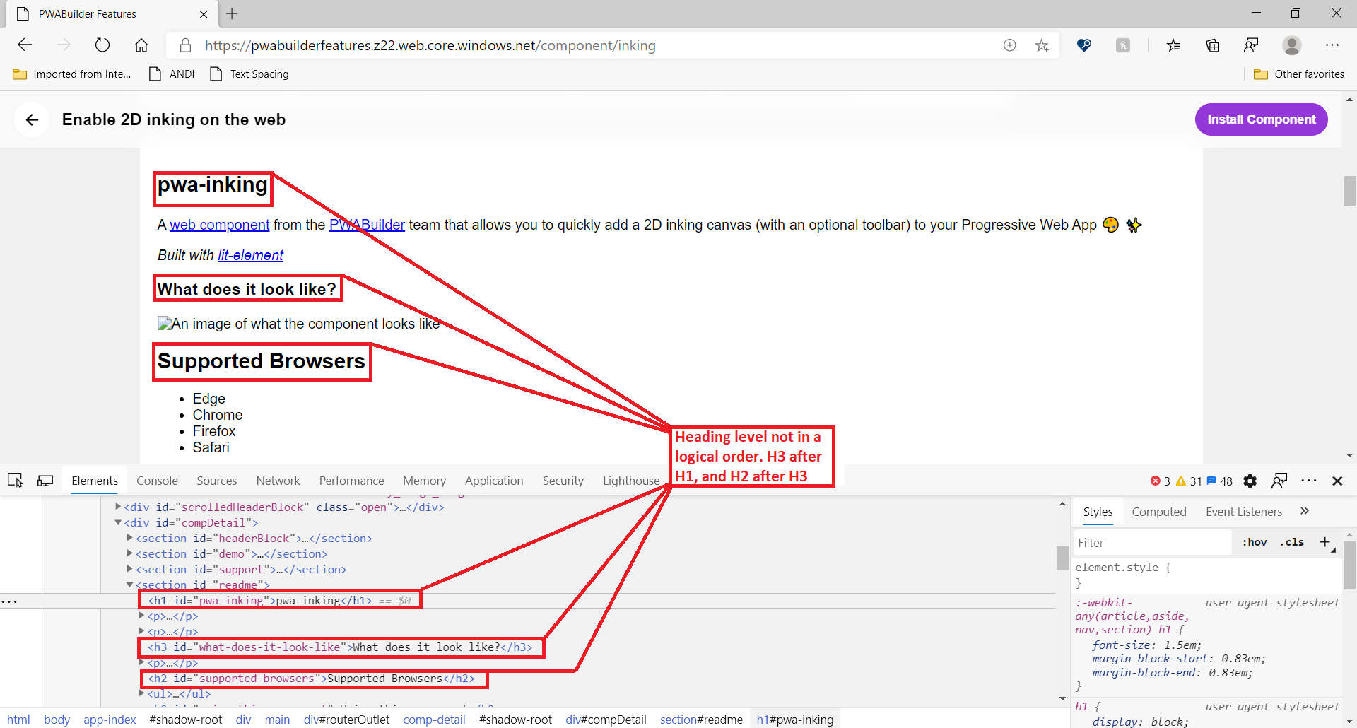 [Keyboard Navigation - PWA Builder - PWA Builder Inking] : Heading hierarchy is not correct, h1 ...