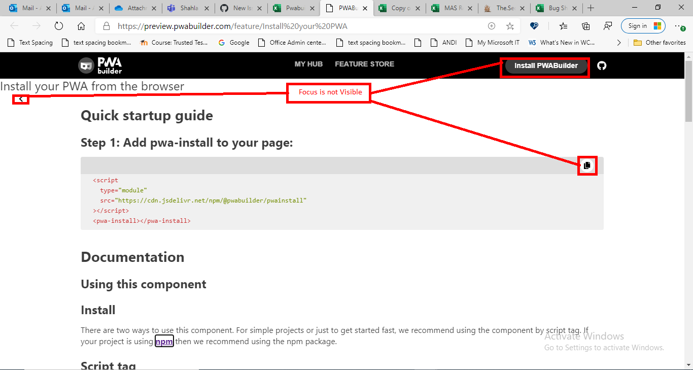 [Keyboard navigation - PWA Builder-Hub]:Focus is not visible for controls like "Install ...