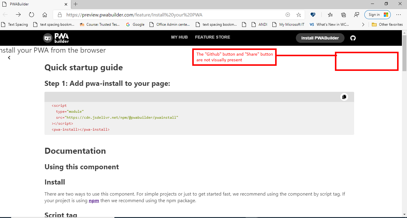 [Usable - PWA Builder - Hub]: "Github" and "Share" buttons are not visually present. · Issue ...