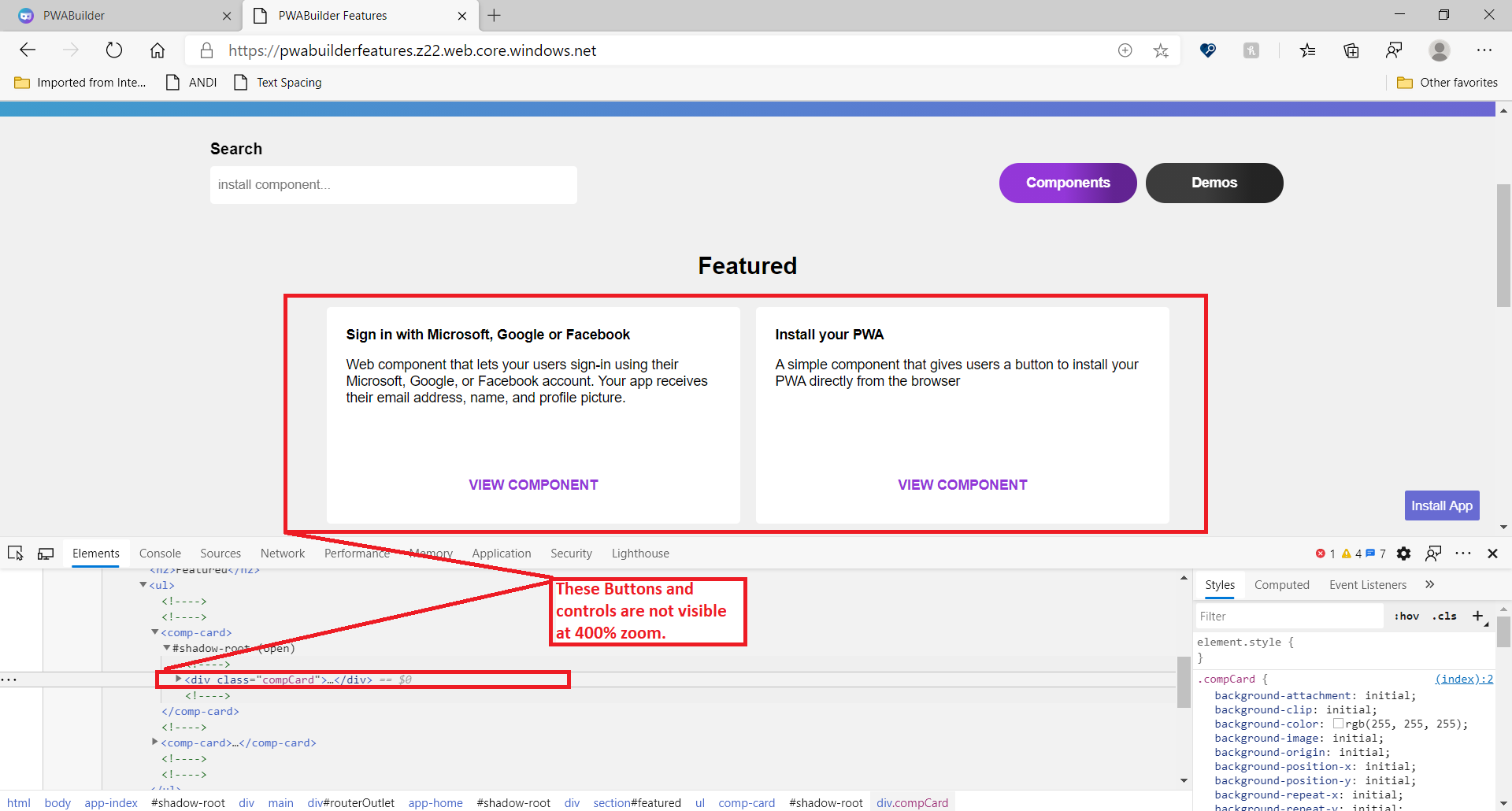 [Supporting the platform - PWA Builder - PWA Builder Features]: Feature buttons are not visible ...