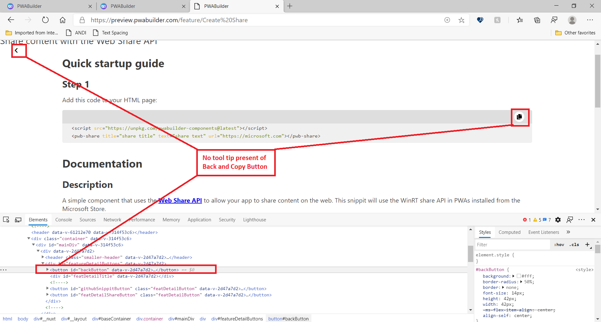 [Visual Requirements - PWA Builder - PWA Builder Web Share API] : Tooltip not present for "Back ...