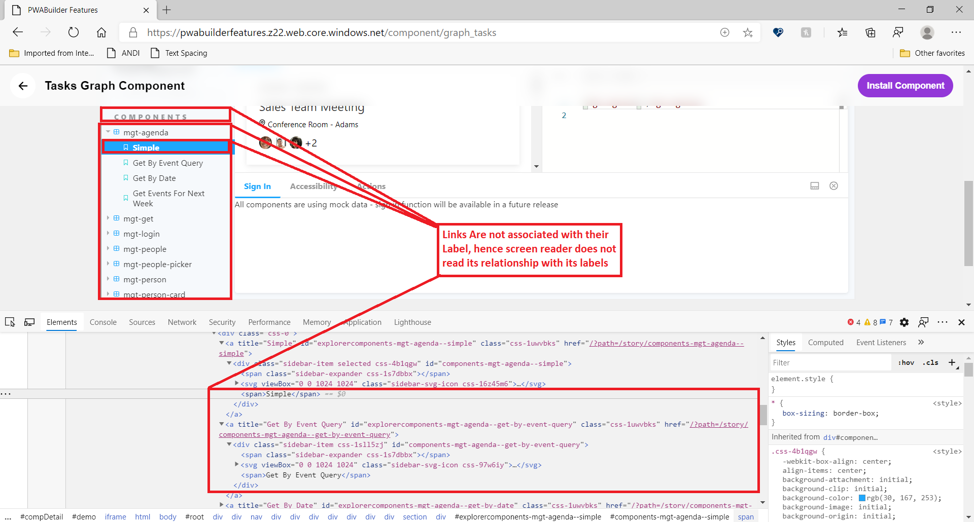 [Screen Readers - PWA Builder - PWA Builder Task Graph] : Links present at the left are not ...