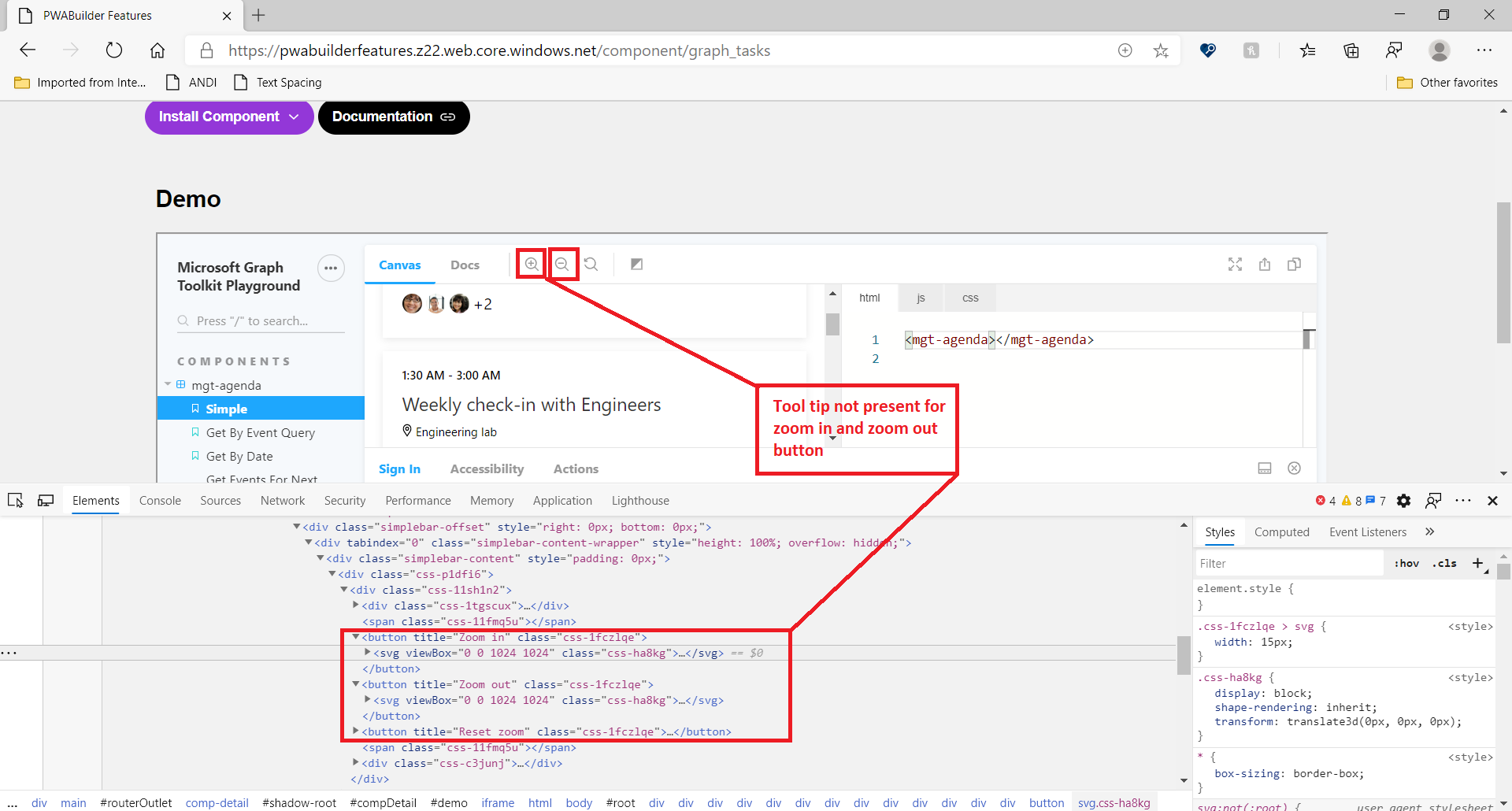[Visual Requirements - PWA Builder - PWA Builder Web Share API] : Tooltip not present for "Back ...