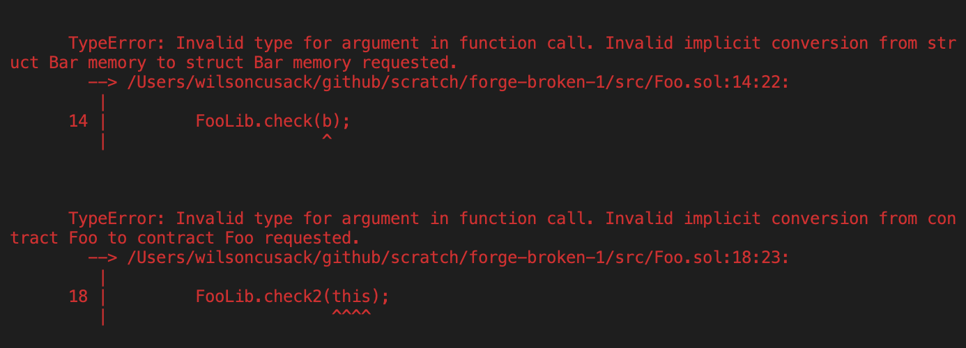 Forge Build Broken When Passing Structs Or Contracts To Lib Functions