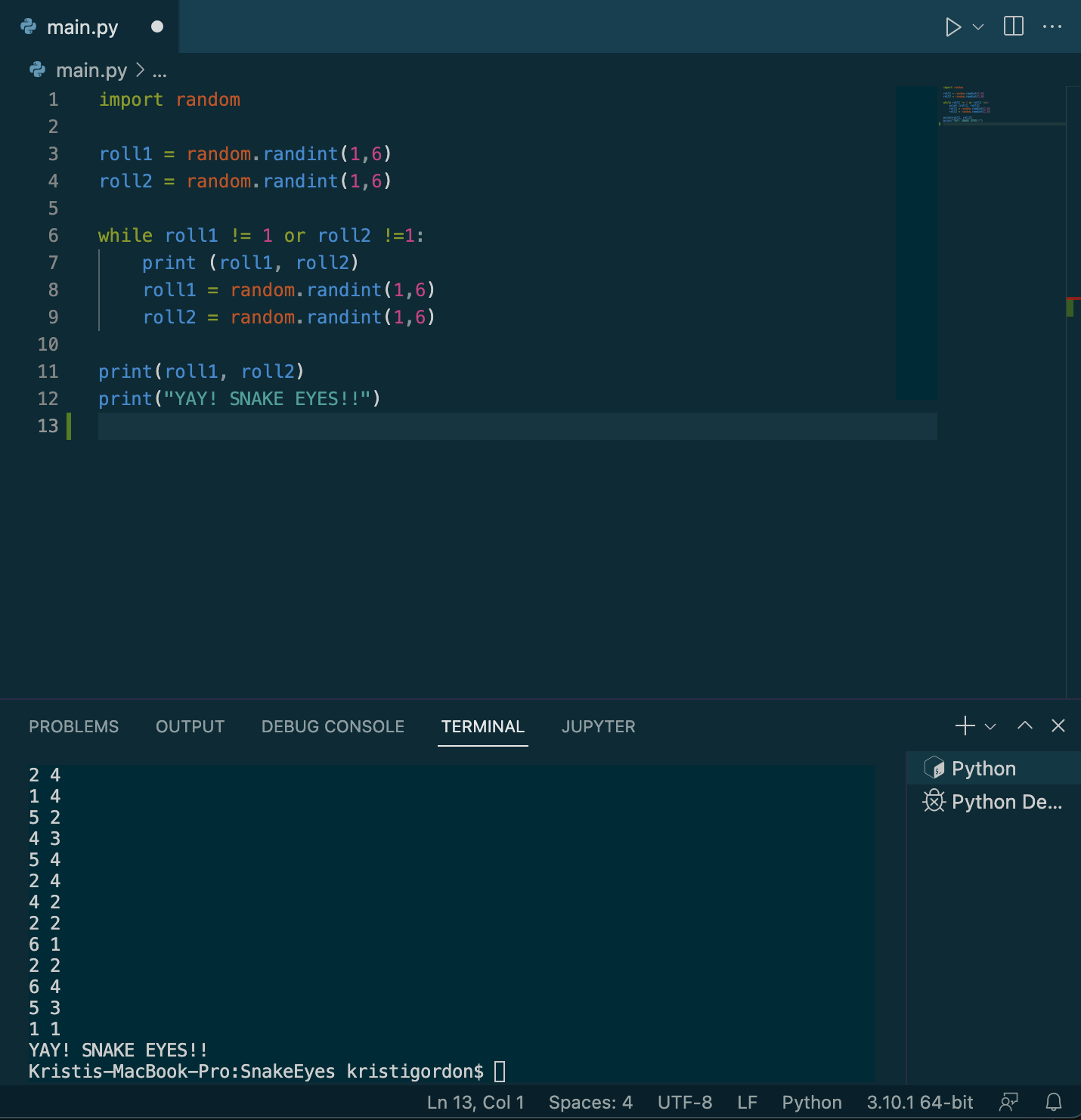 GitHub - kristigordon/SnakeEyesDiceGame