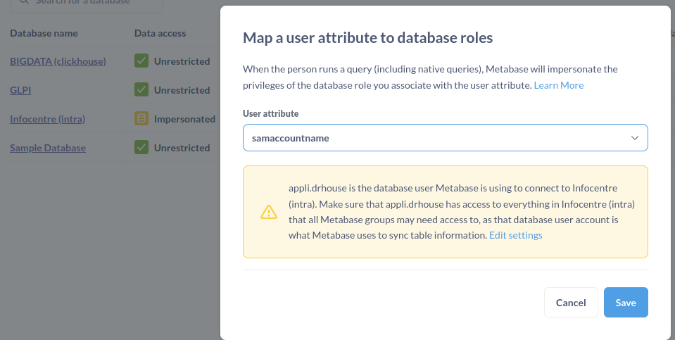 Impersonated security: a user who does not have an attribute defined to access the database can ...
