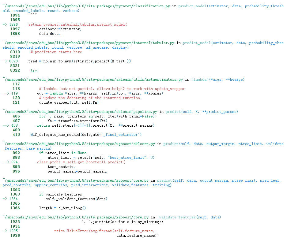 "ValueError: feature_names mismatch" while use predict_model() · Issue #909 · pycaret/pycaret ...
