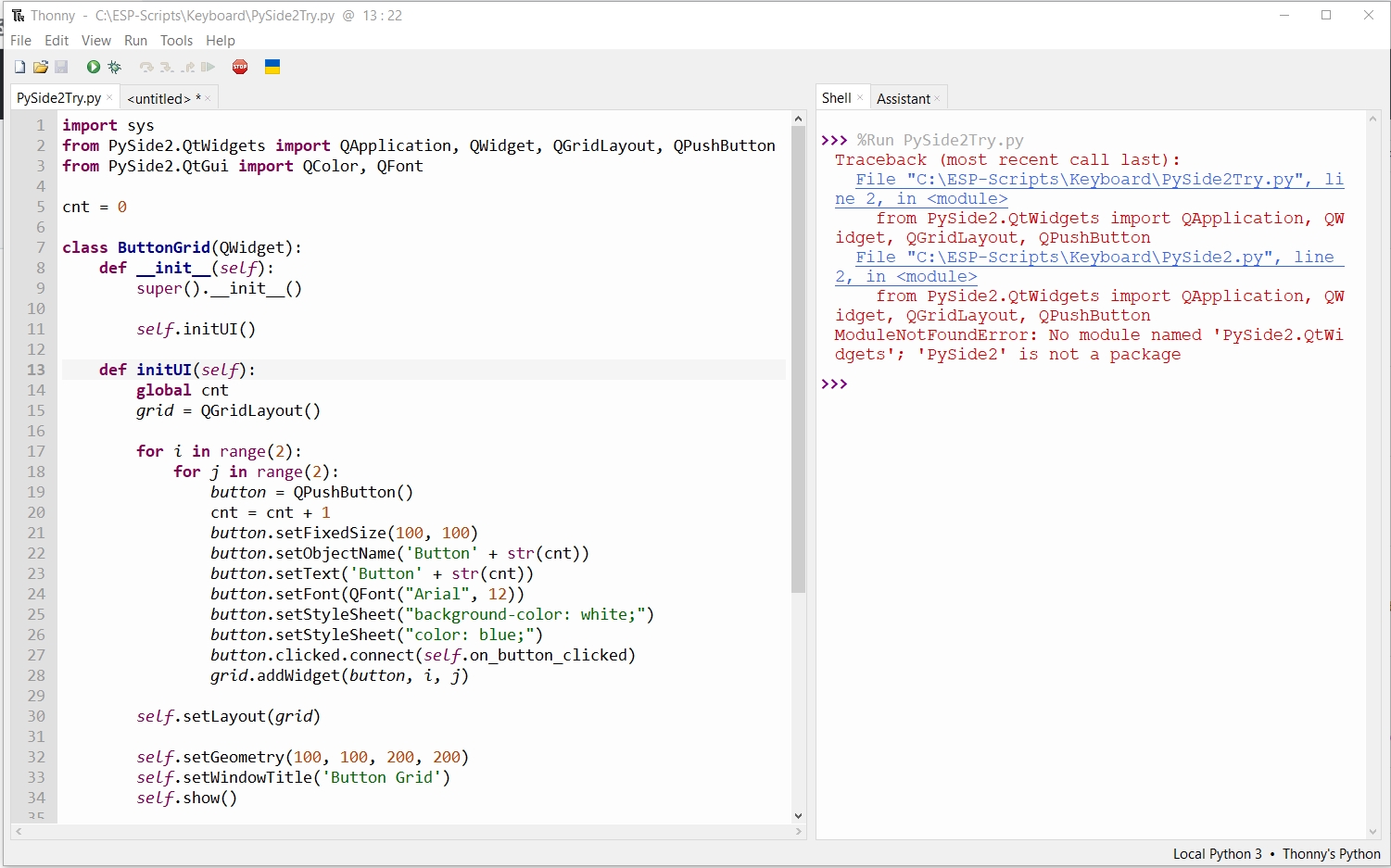 Script containing PySide2 does not work when loaded from a file, but works if run from page ...