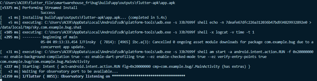 Unable to attain an output after running main.dart I/flutter (15748): Observatory listening on