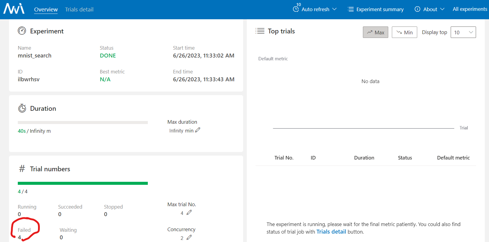Hello NAS notebook fails running the experiment · Issue #5619 · microsoft/nni · GitHub