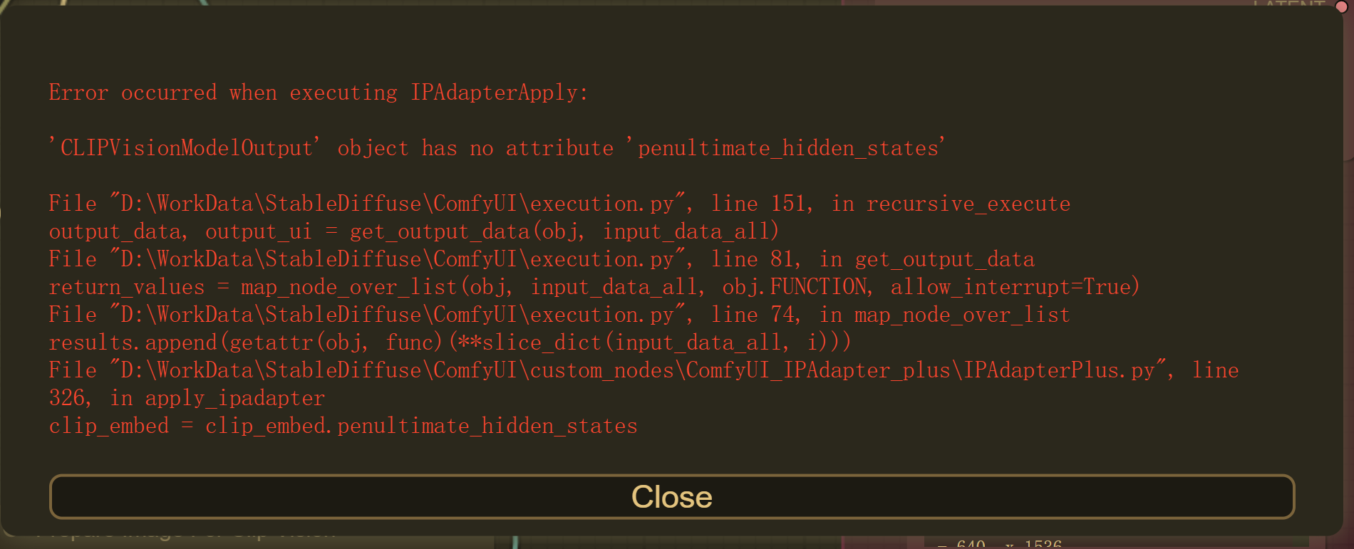 In ComfyUI, there's an error when using ip-adapter-plus_sdxl_vit-h.bin ...