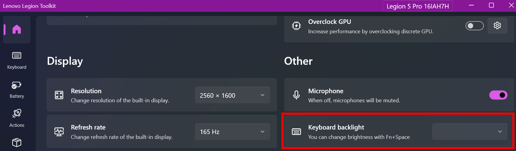 [BUG:] Keyboard backlight control in dashboard isn't working on Legion 5 Pro 16IAH7H - Type 82RF ...