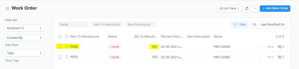 Production Plan: several production items are grouped into a single ...