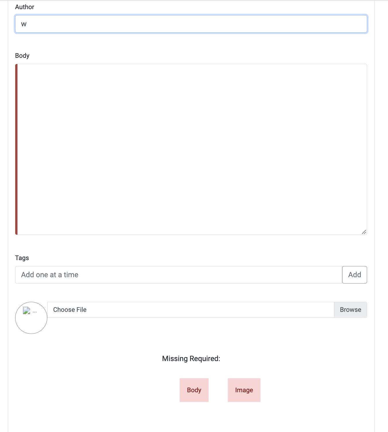 Validation for image upload disappears when fill the body input · Issue ...