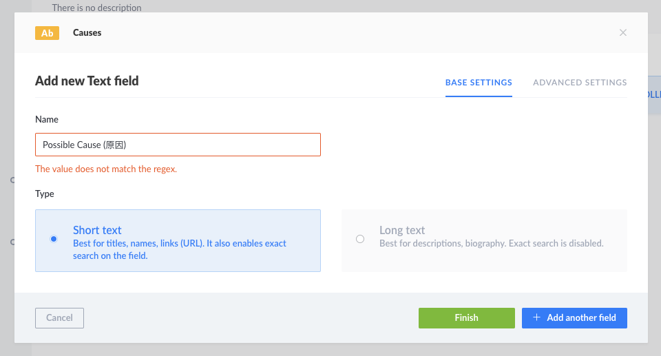 Unhelpful error message when trying to create field with Chinese ...