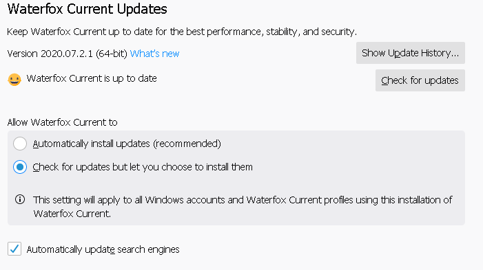 No updates visible on Waterfox Current 2020.07.2.1 (64-bit) · Issue ...