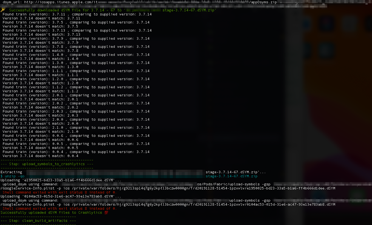 upload_symbols_to_crashlytics fails Shell command exited with exit status 8 instead of 0 ...