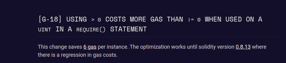 very minor gas savings: USING > 0 COSTS MORE GAS THAN != 0 WHEN USED ON A UINT IN A REQUIRE ...