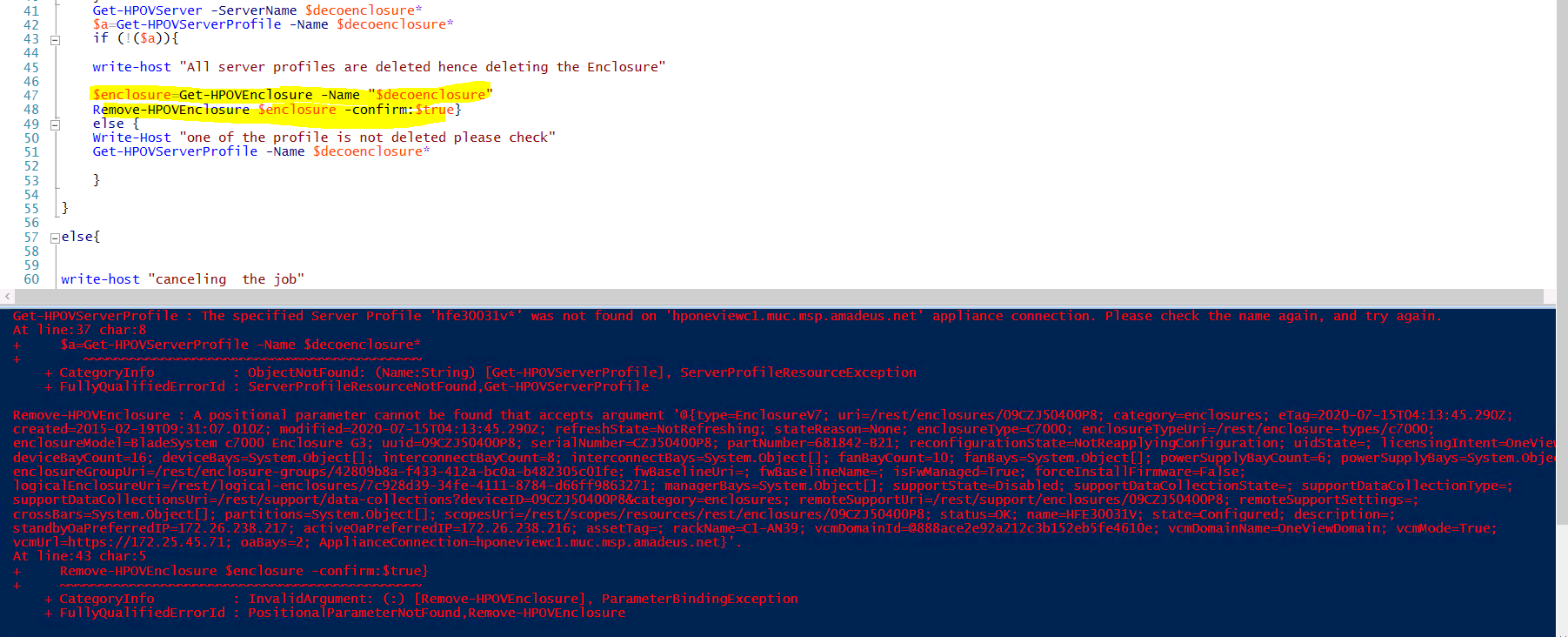 Remove-hpovenclosure in not working ,version 4.20 · Issue #489 · HewlettPackard/POSH-HPEOneView ...