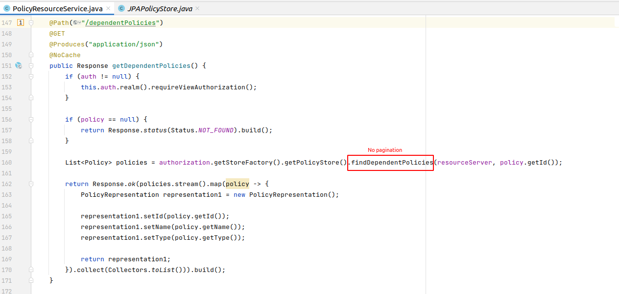 OutOfMemoryError in `org.keycloak.authorization.admin.PolicyResourceService.getDependentPolicies ...