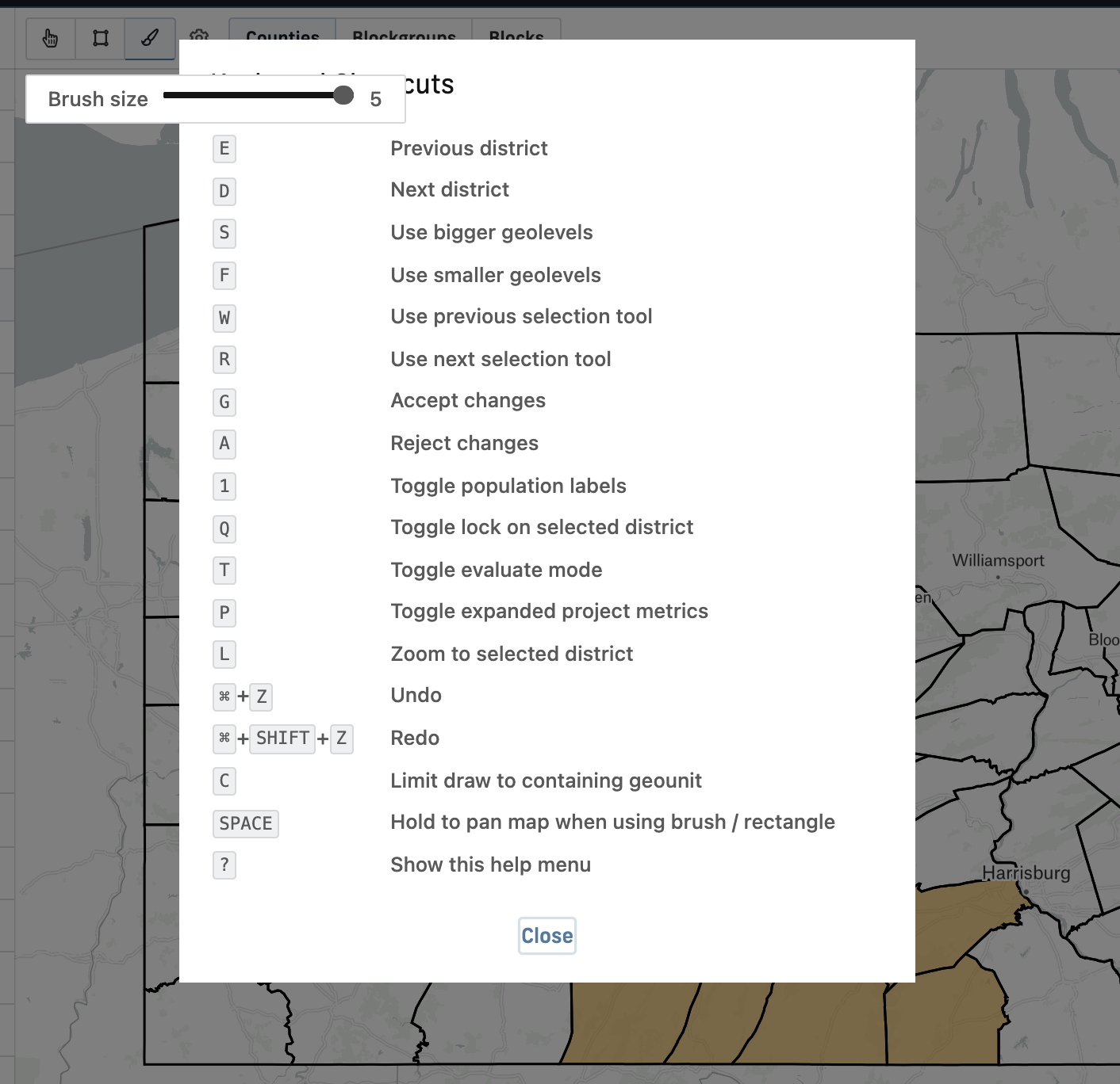 Keyboard shortcuts modal overlapping with paintbrush slider · Issue #860 · PublicMapping ...
