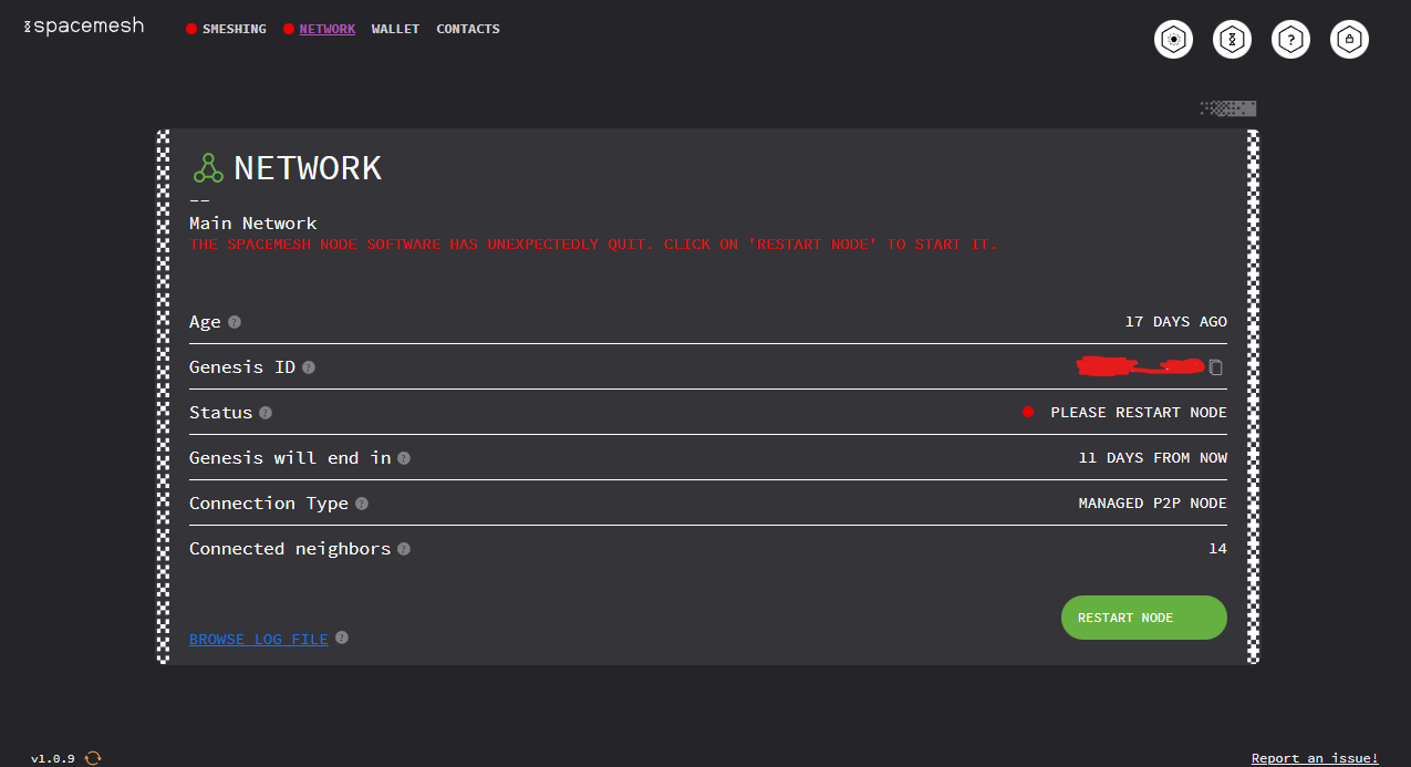 Network not working "The Spacemesh node software has unexpectedly quit. Click on 'restart node ...