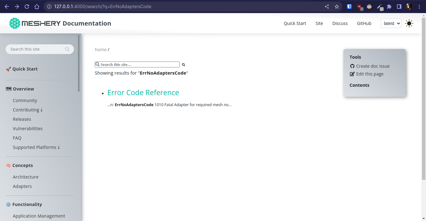 [Docs] Error codes is not coming on search. · Issue #7050 · meshery/meshery · GitHub