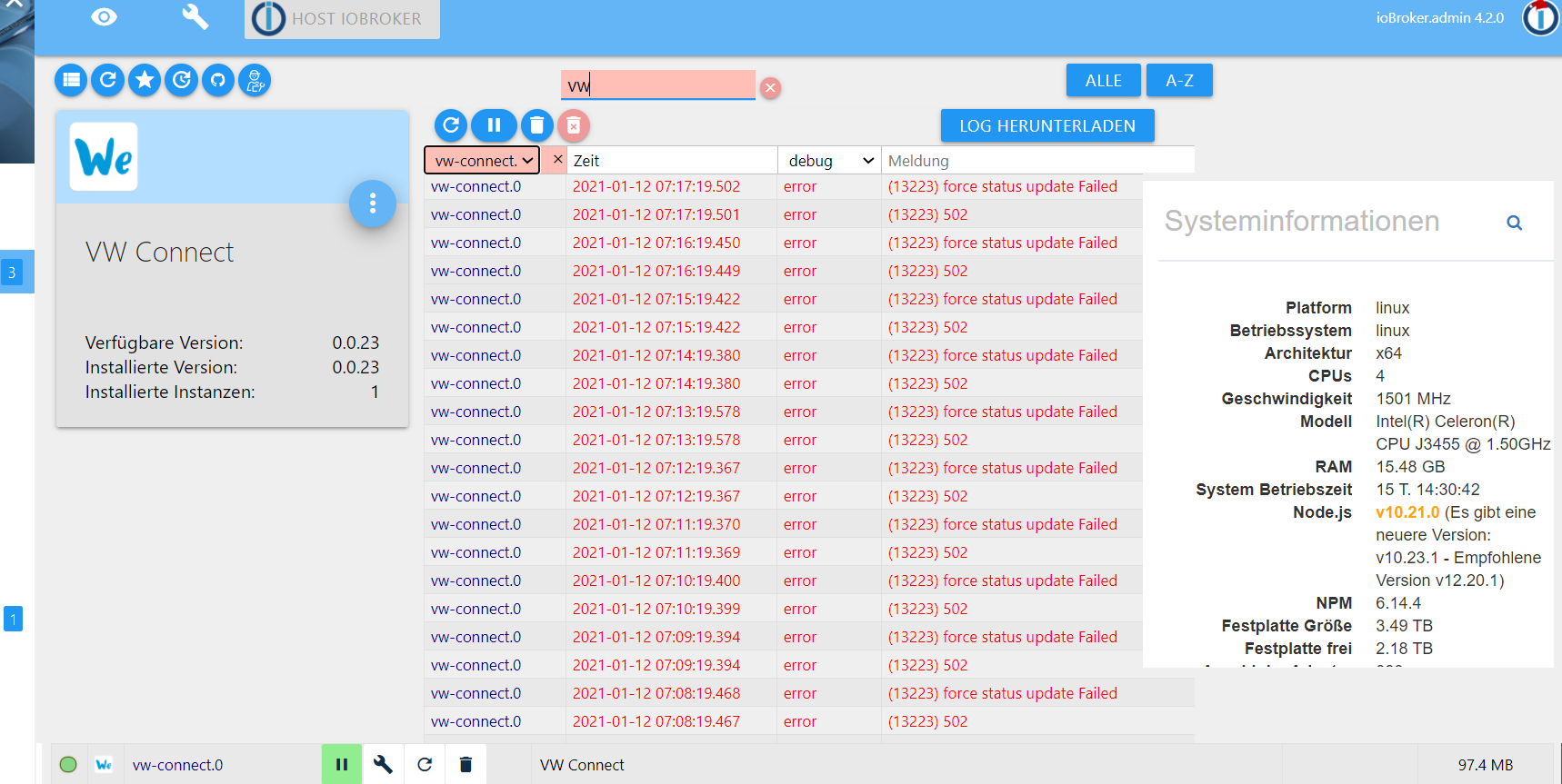 Status update failed · Issue #16 · TA2k/ioBroker.vw-connect · GitHub