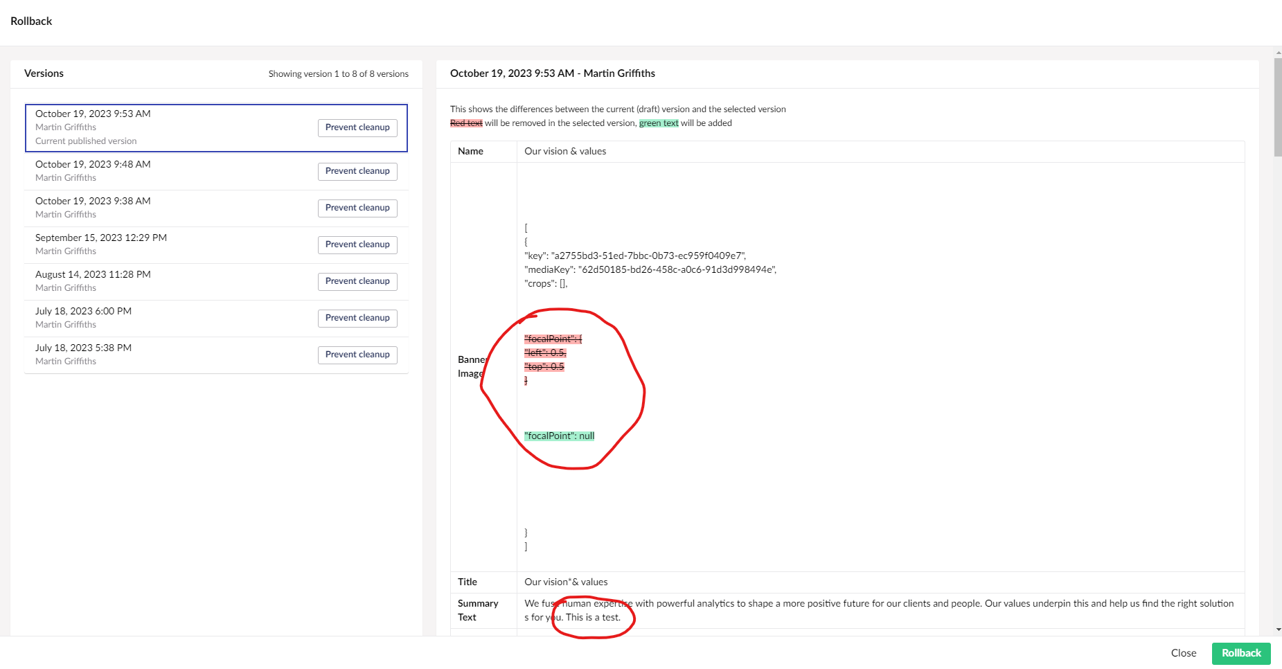 Umbraco change logs in Rollback section are incorrect · Issue #15008 · umbraco/Umbraco-CMS · GitHub
