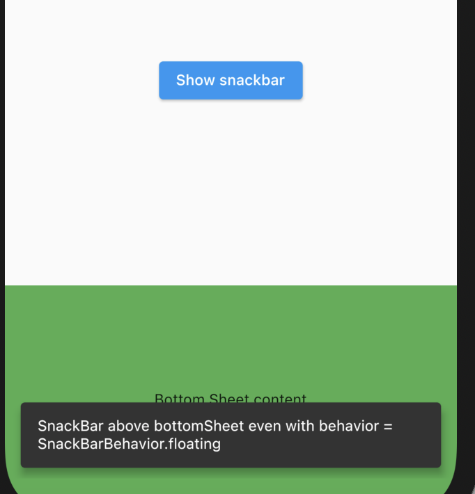 Scaffold SnackBar over `Scaffold.bottomSheet` content even with `SnackBarBehavior.floating ...