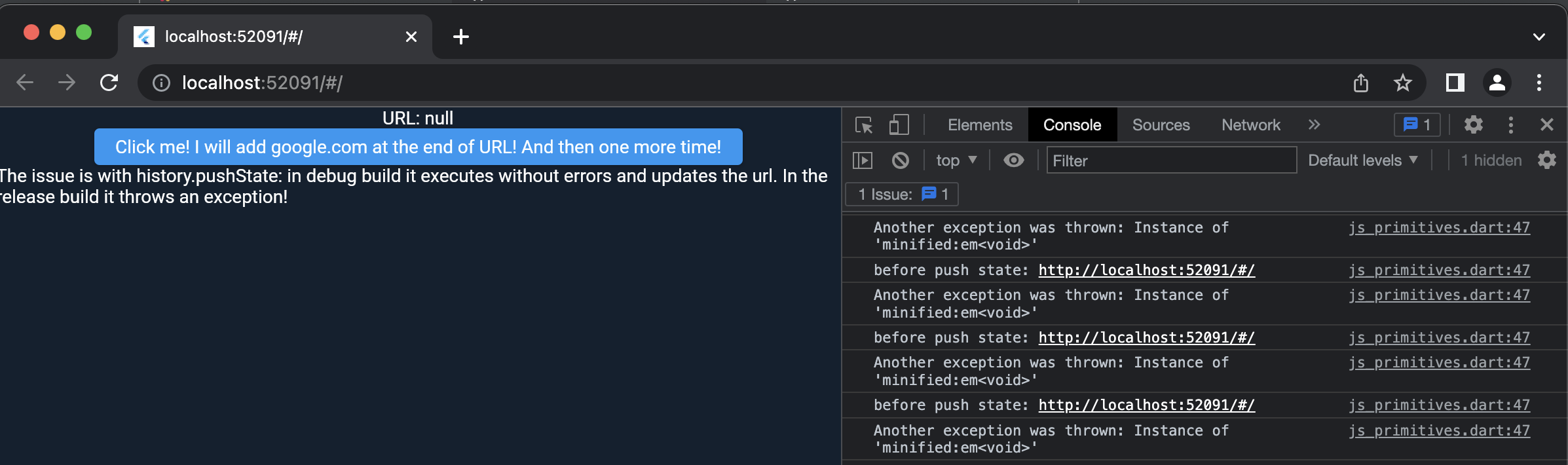 Flutter Web: JavaScript history.pushState raises an exception in Release Build. · Issue #50269 ...