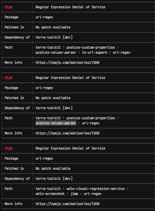 [terra-toolkit] High Vulnerability in url-regex package · Issue #499 · cerner/terra-toolkit · GitHub