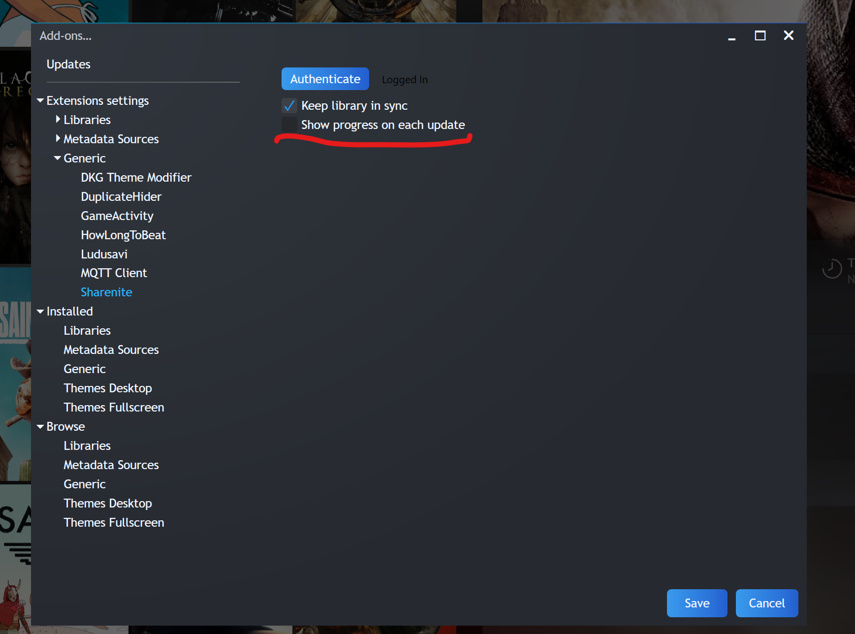 Update library in the background instead of using a popup window ...
