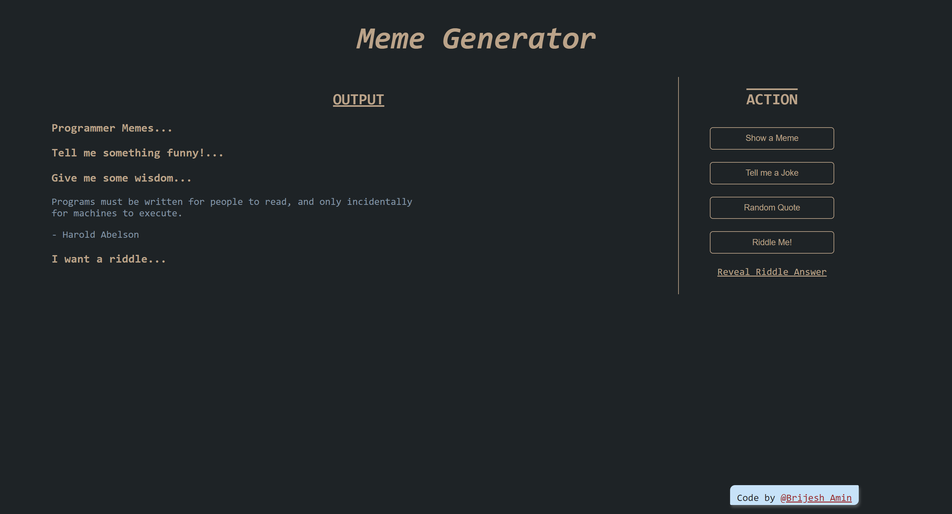 GitHub - brijeshamin25/Meme_Generator: Memes/Jokes/Quotes/Riddles ...