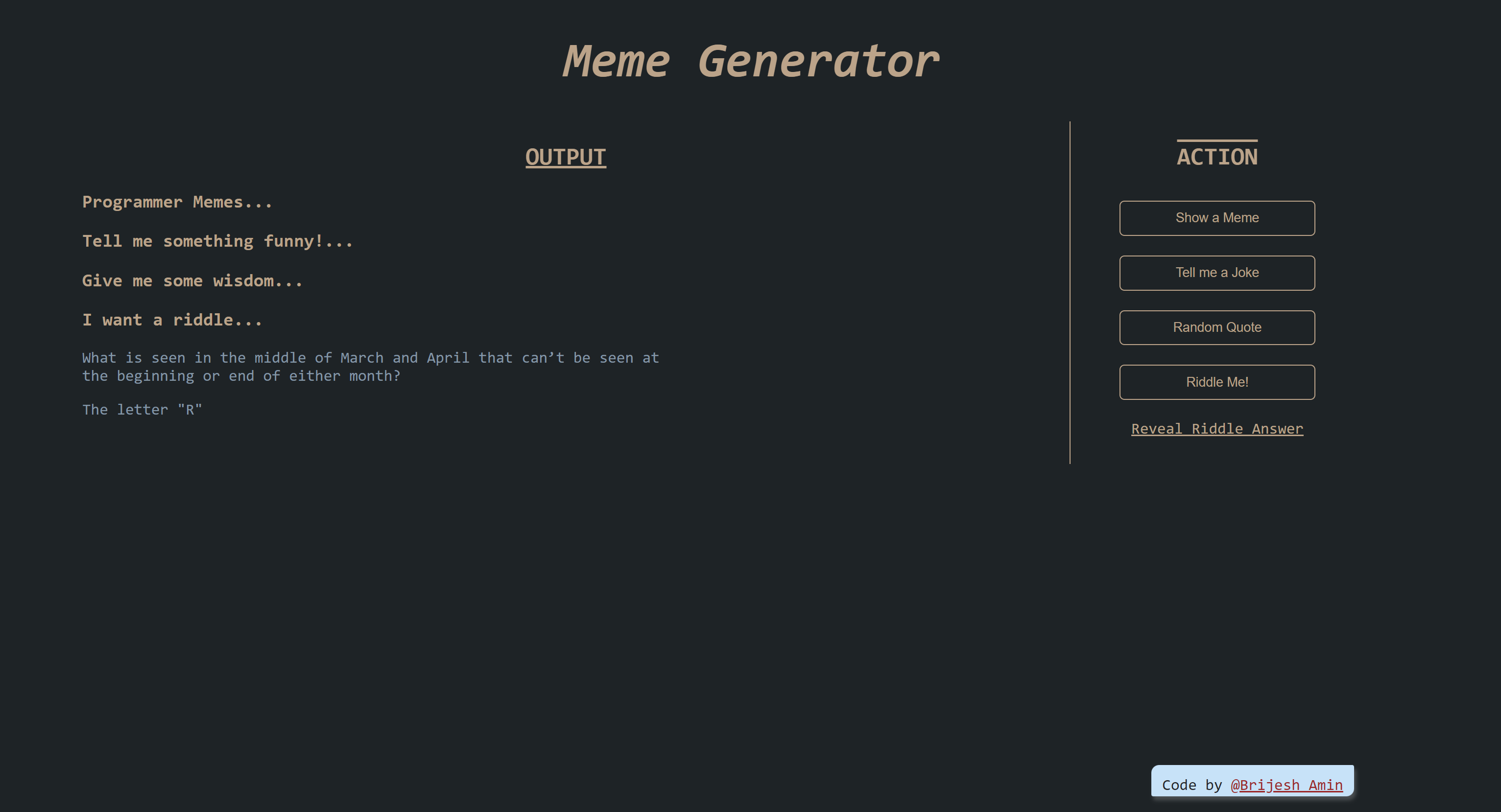 GitHub - brijeshamin25/Meme_Generator: Memes/Jokes/Quotes/Riddles ...