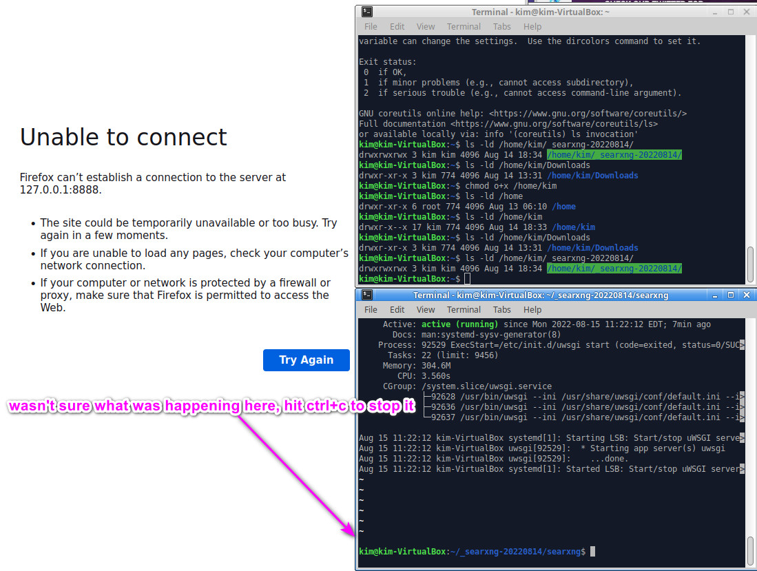 ERROR: ./utils/searxng.sh: line 436: user 'searxng' missed read permission: /home/kim/_searxng ...