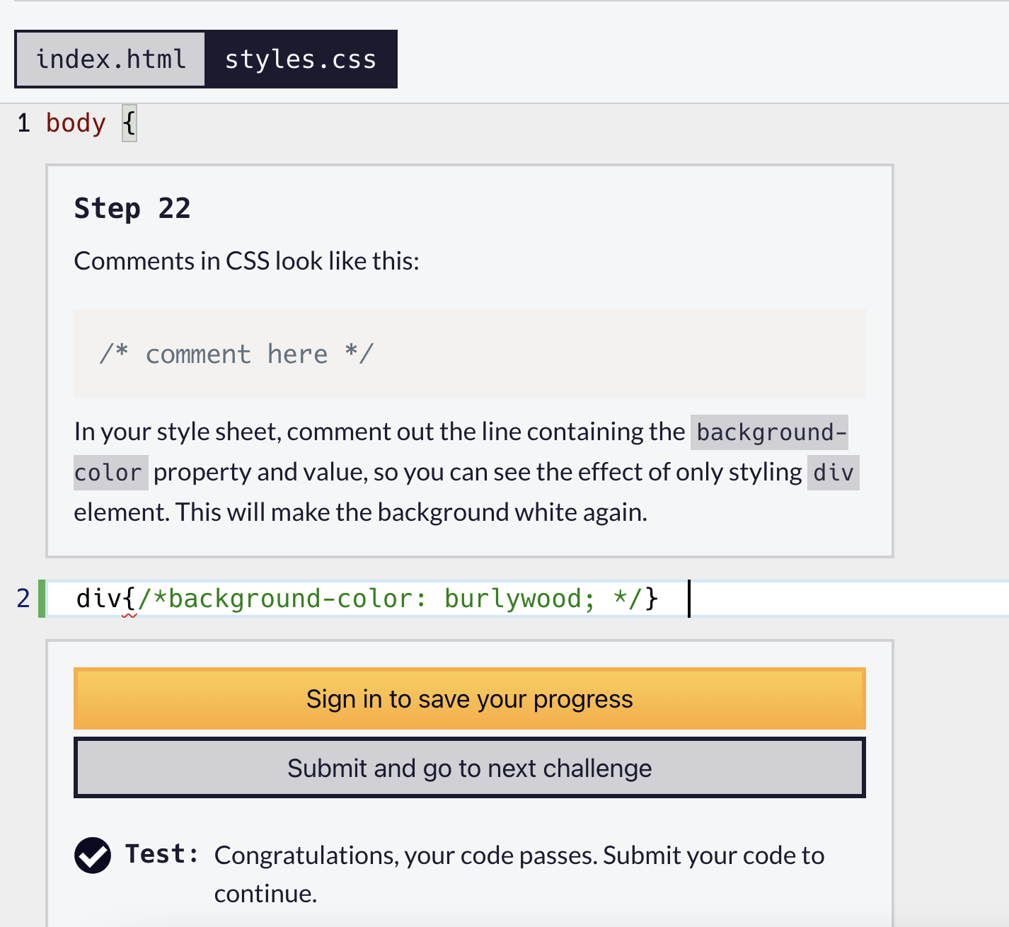 CSS Cafe menu Step 22 accepts answer of nesting a div selector inside ...