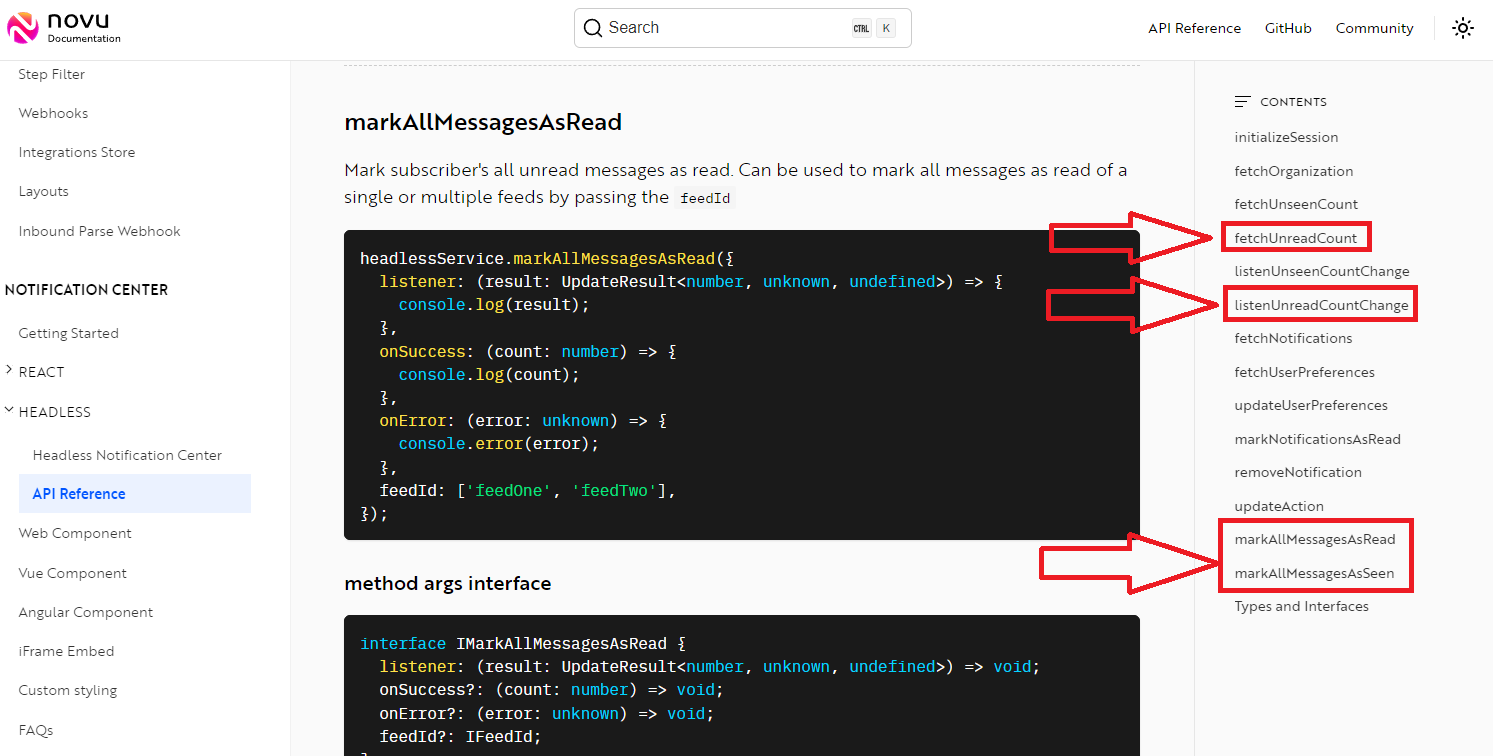 [NV-2162] 📚 Docs Feedback: Unreleased methods in @novu/headless on `next` branch are present in ...
