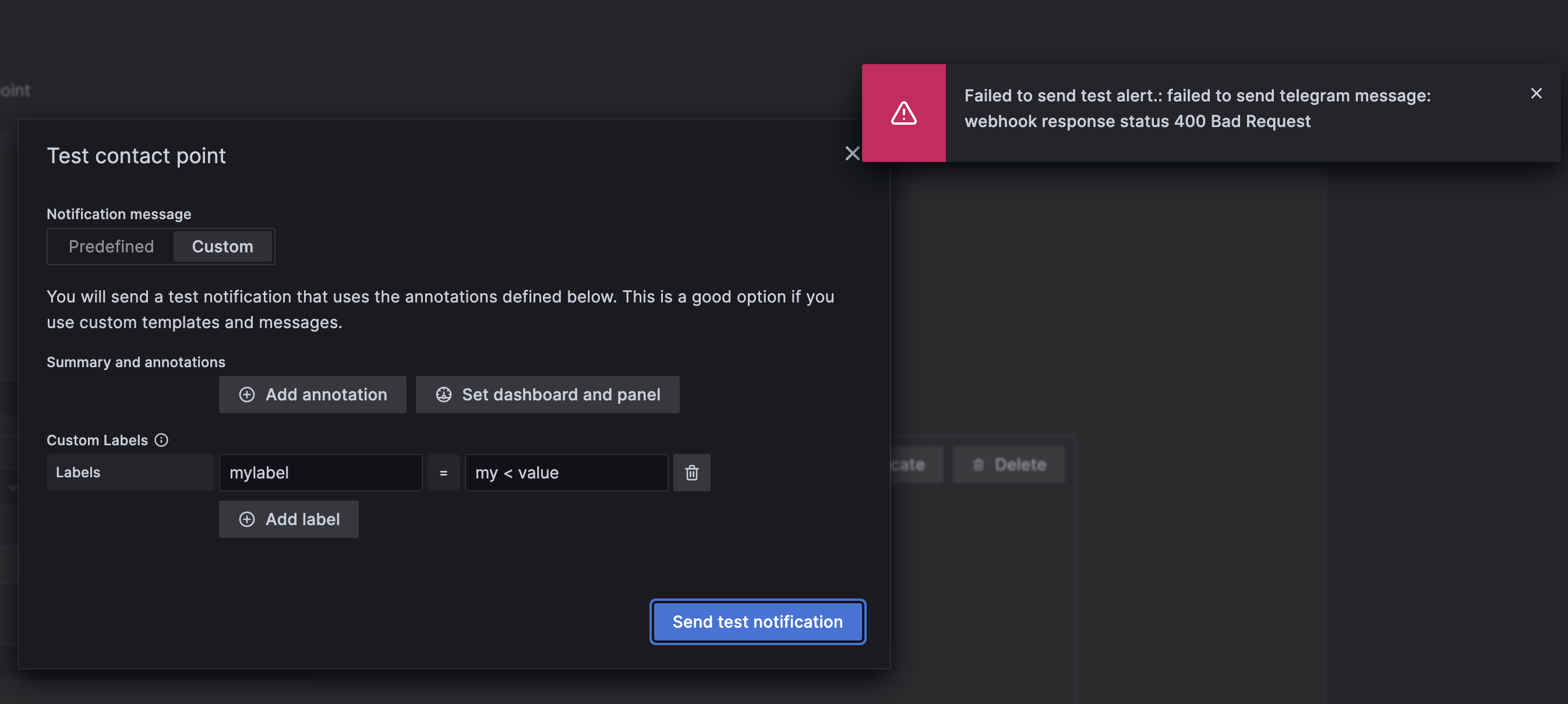 Telegram contract point integration does not accept