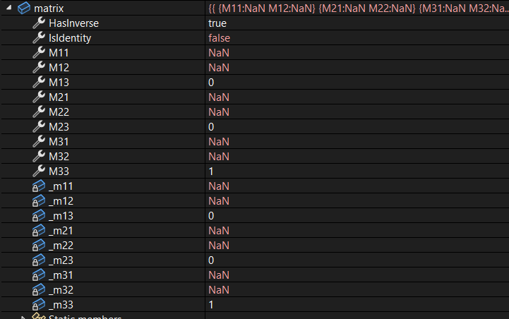 Matrix with NaN elements shows HasInverse=True · Issue #10669 · AvaloniaUI/Avalonia · GitHub