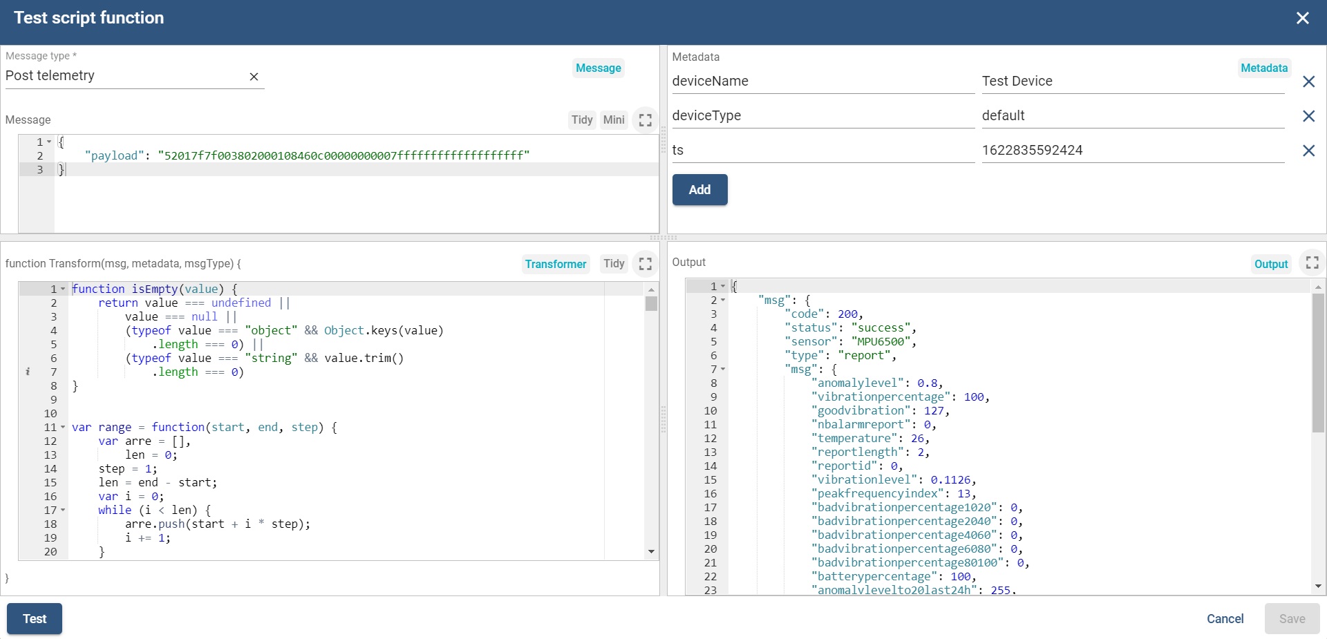 [Question] JavaScript compile error in script rule node but code works in demo.thingsboard.org ...