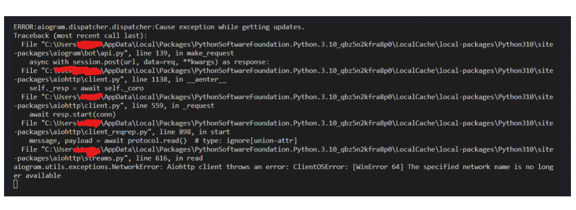 Aiogram not allowing exception handling after ip address change whilst bot is still running ...