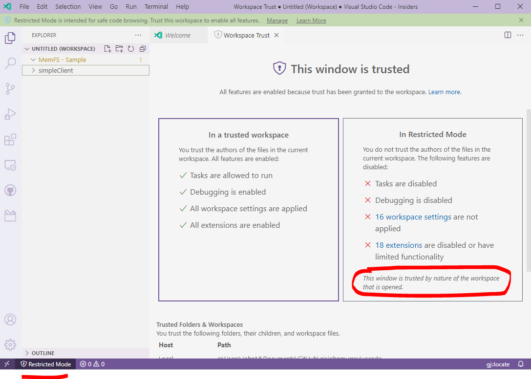 Adding an untrusted local folder to a virtual workspace produces ...