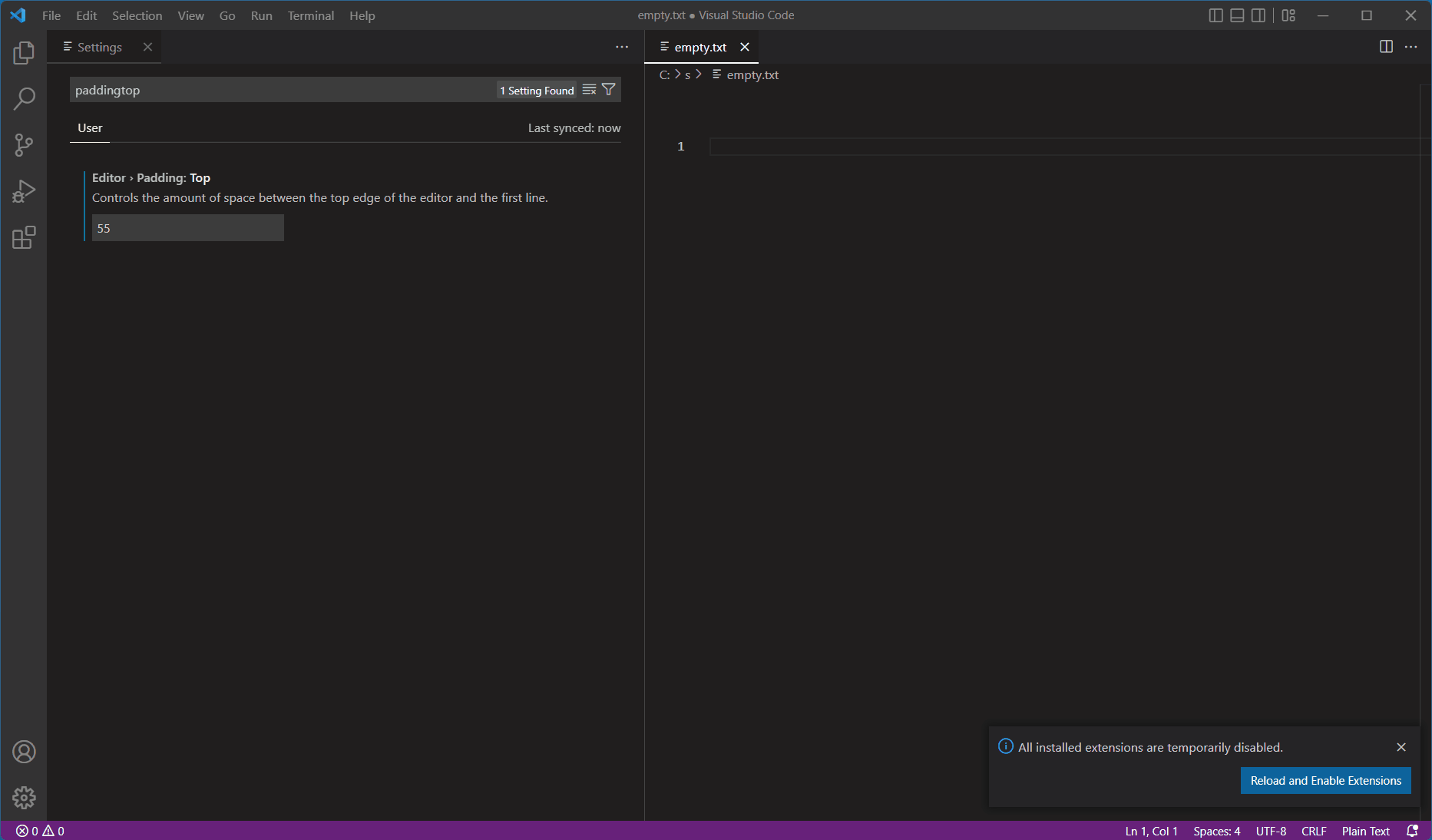 [Bug] scrolling empty Editor when using paddingTop · Issue #155602 · microsoft/vscode · GitHub